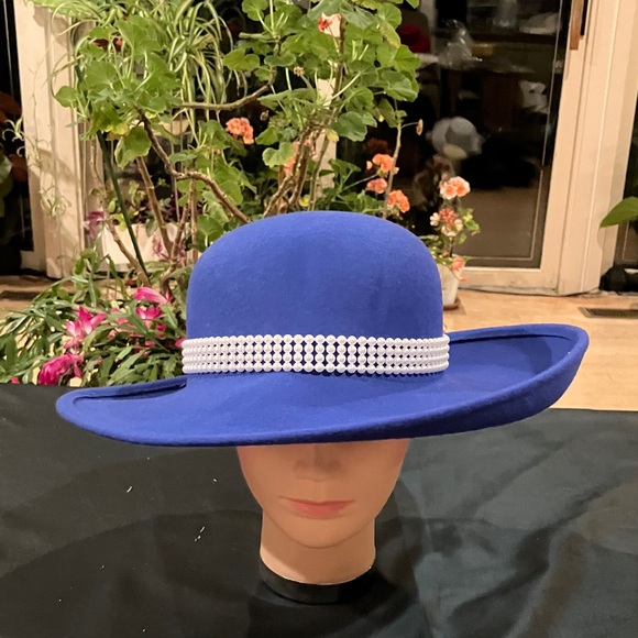 Accessories | Elegant Royal Blue Wool Hat With White Pearl Band | Poshmark